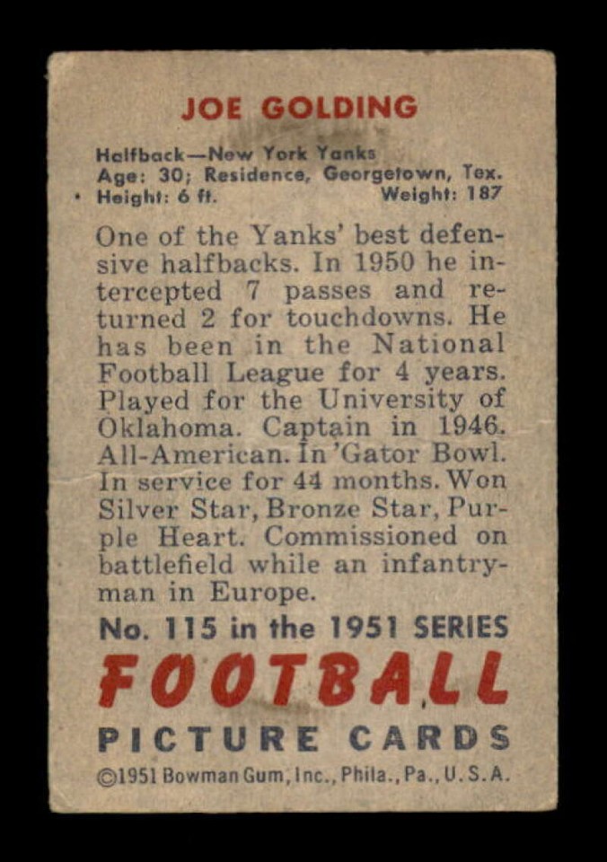 1951 Bowman #115 Joe Golding GVG 555574 | eBay