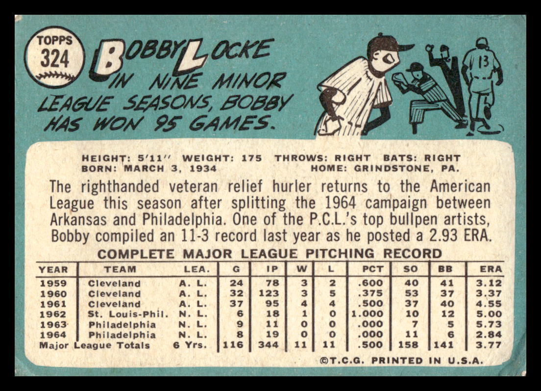 1965 Topps Bobby Locke #324 Los Angeles Angels Baseball Card | eBay