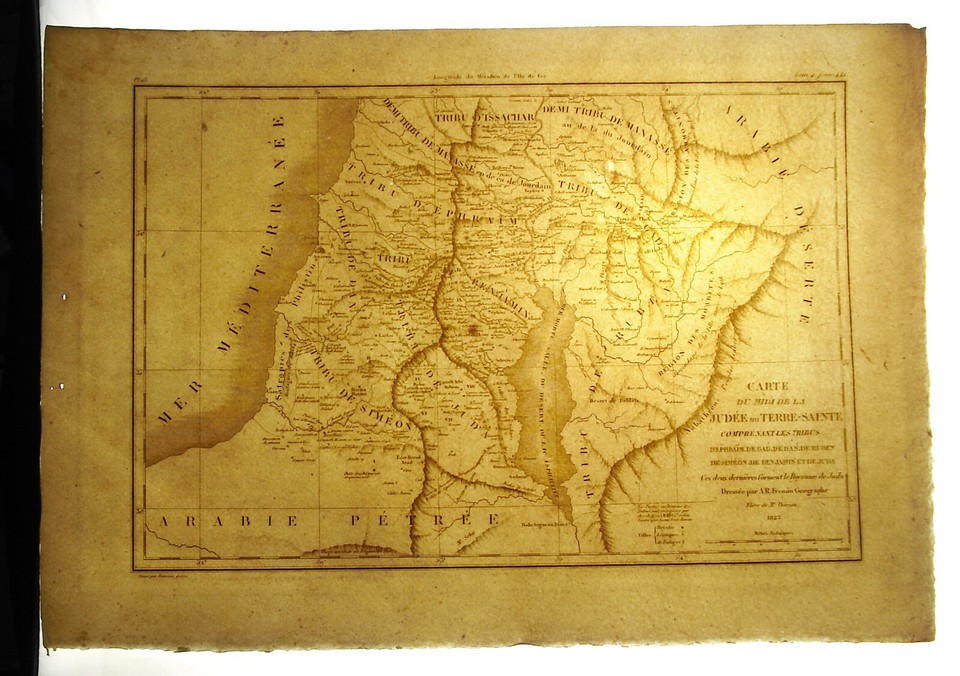 Gravure XIXe 1822 Carte Judée Terre Sainte tribus Ephaïm Gad Dan ...