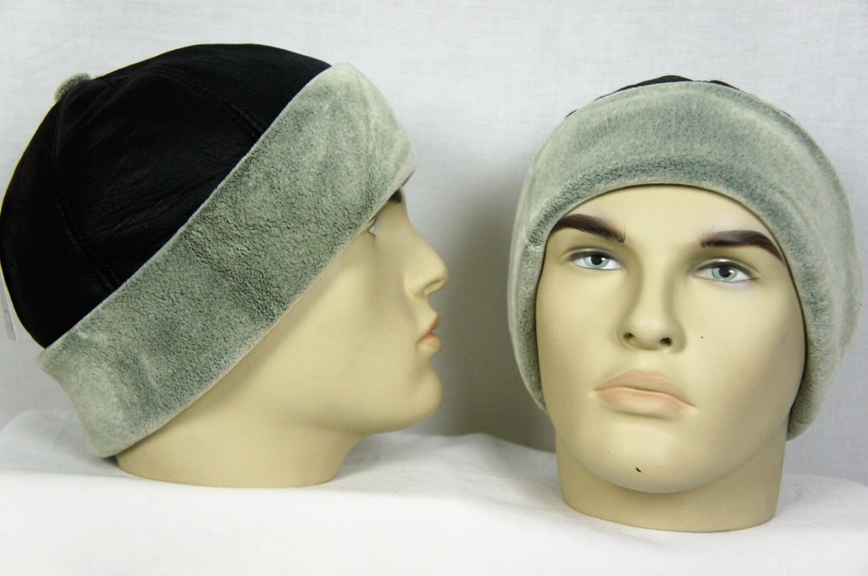 Black REAL Sheepskin Shearling Leather Beanie Round Bucket Winter Ski ...