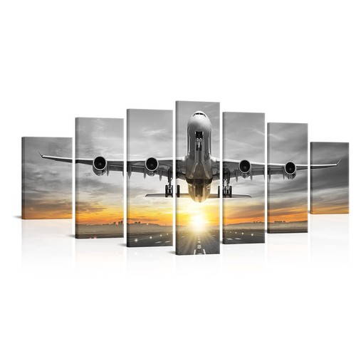 7 Panels Aviation Decor Airplane Plane Flying Over Runway Canvas Wall ...