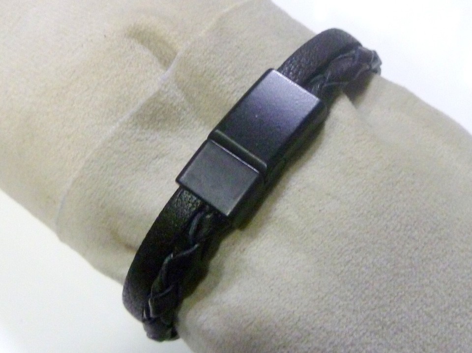 20CM Braided Black Leather Bracelet With Two Row Magnetic Clasp | eBay ...
