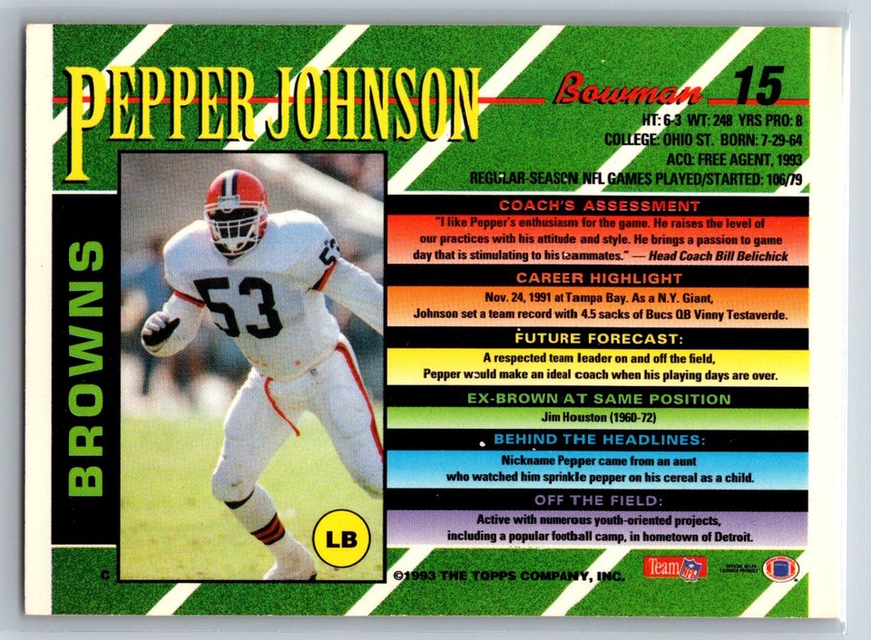 1993 Bowman Pepper Johnson Cleveland Browns #15 | eBay