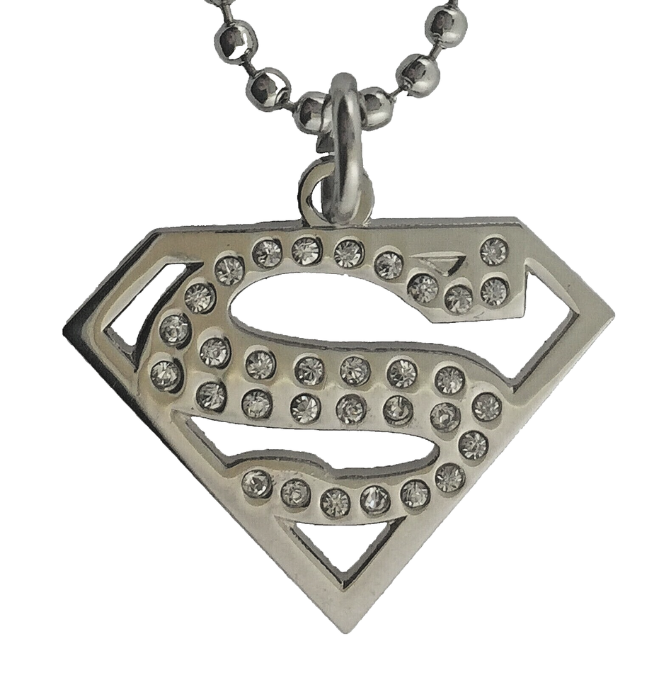 Superman Necklace Silver Chrome Metal Rhinestones Brused Comics ...