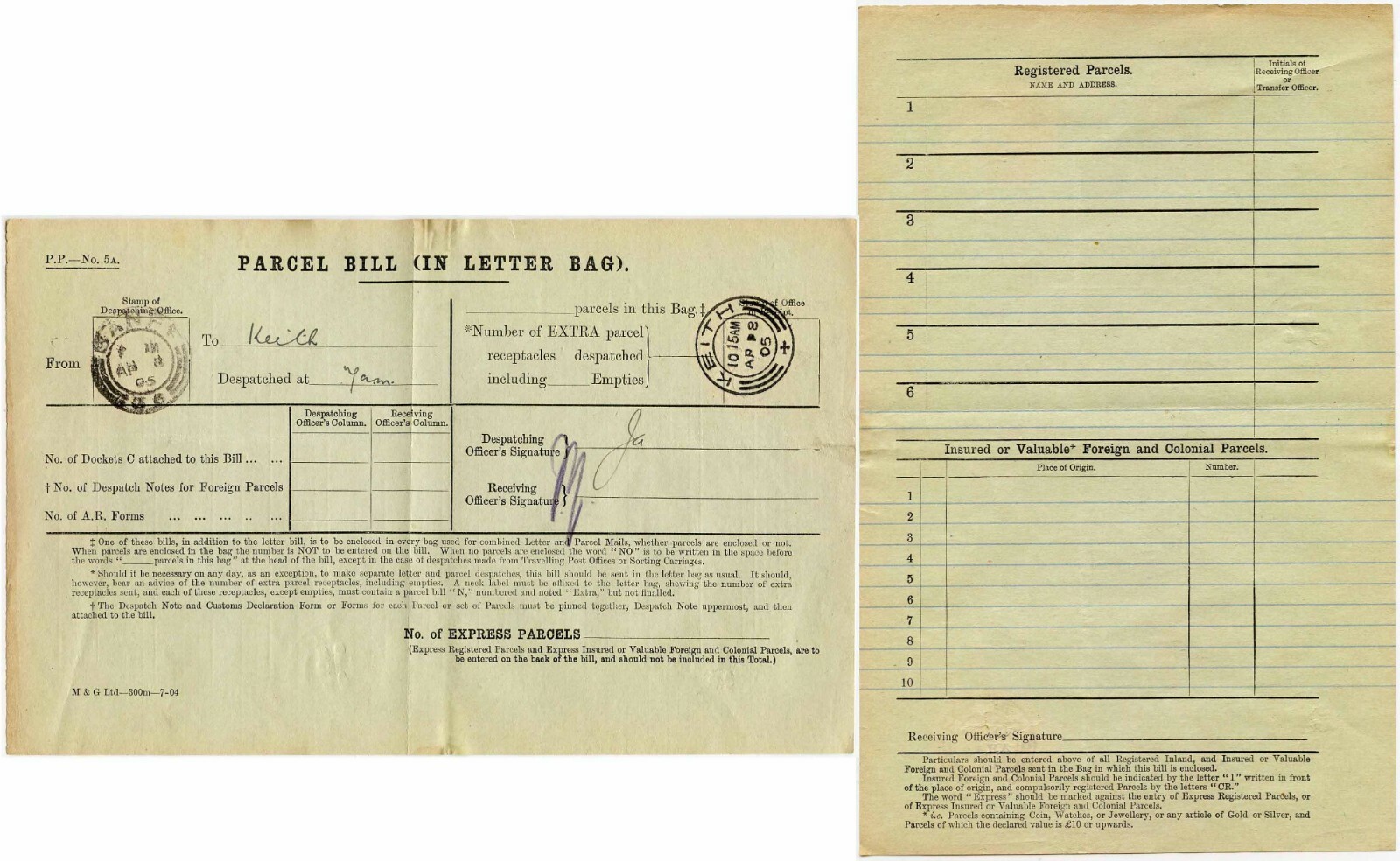 GB 1905 PARCEL BILL FORM SENT IN LETTER BAG BANFF to KEITH SCOTLAND ...