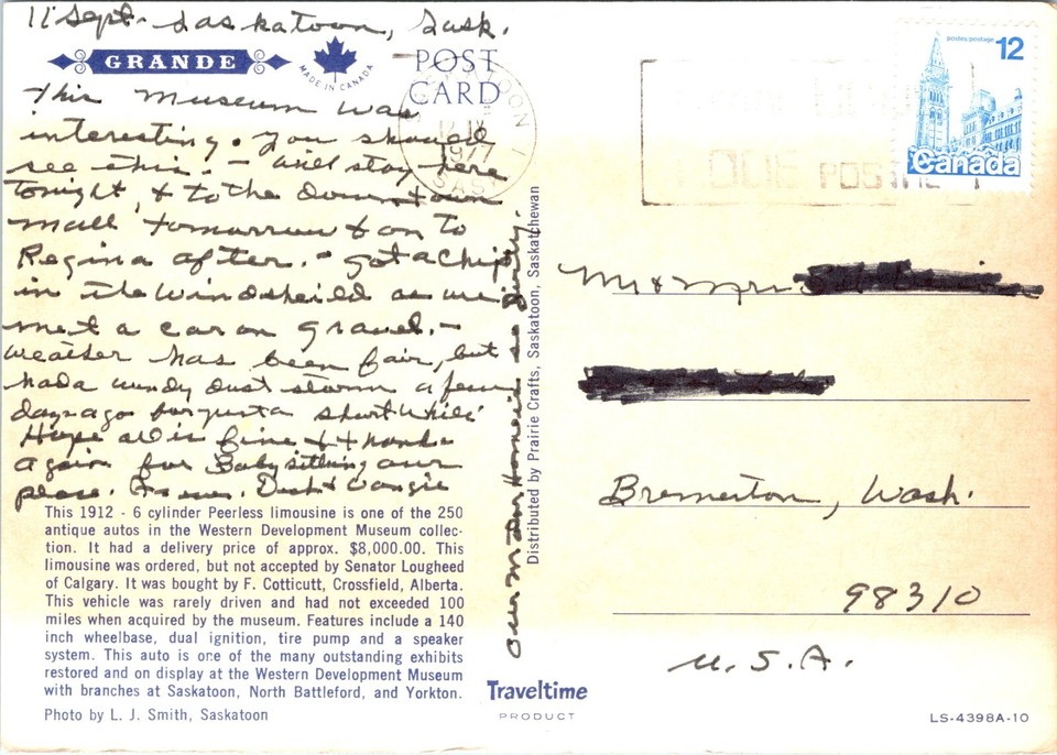 6x4" Postcard Saskatoon Saskatchewan 6 Cylinder Peerless Western Dev ...