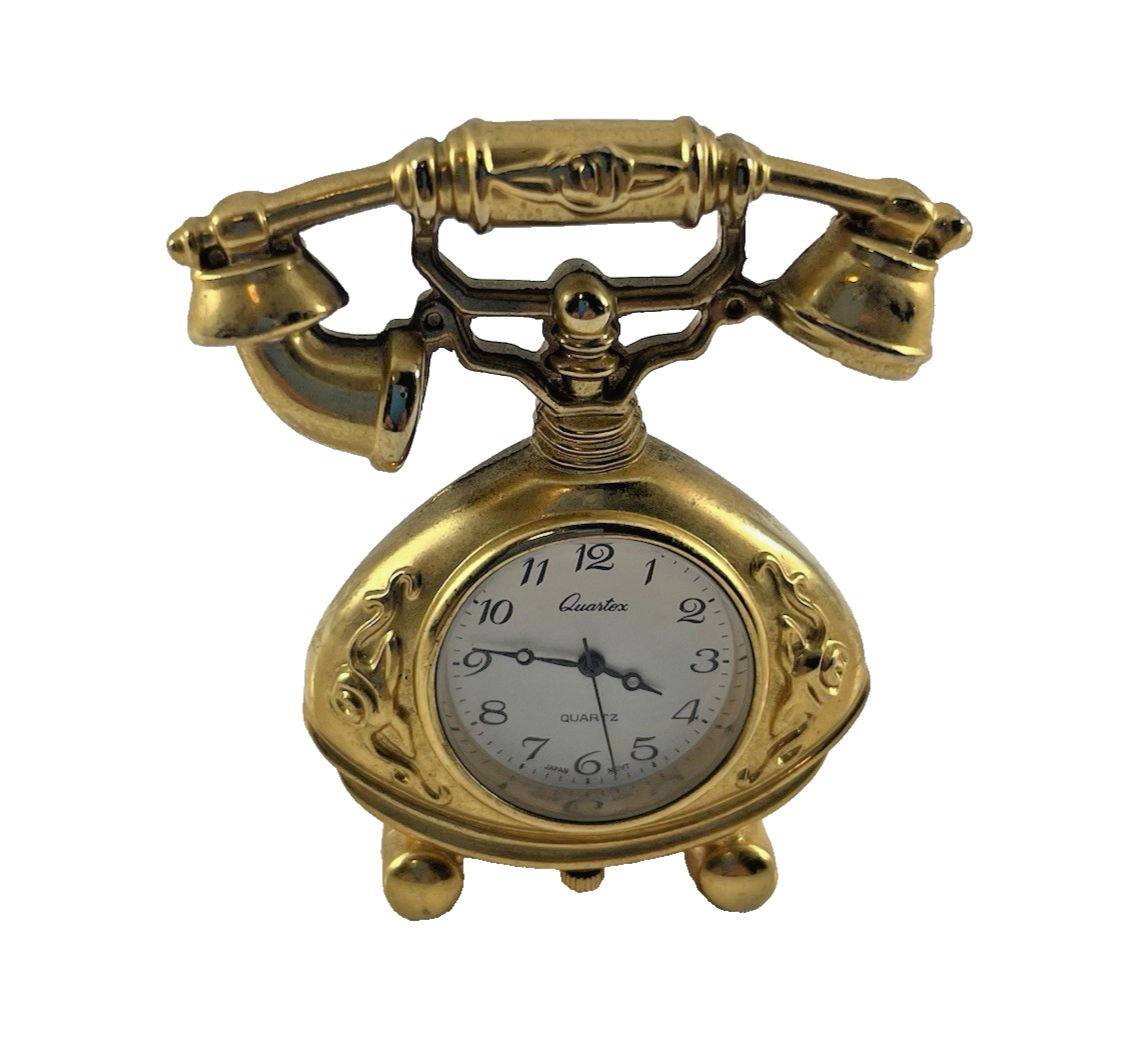 Vintage Miniature Telephone Desk Clock Gold Tone Quartz Collectible ...