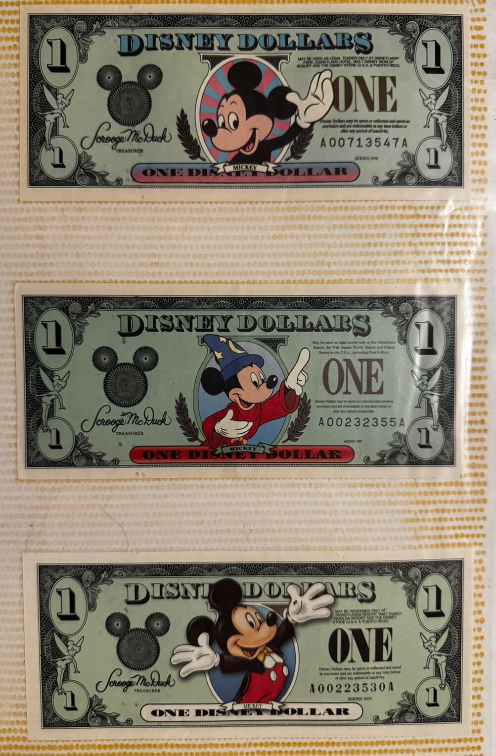 DISNEY DOLLARS 1987, 65th Anniversary, 1995, 1996,1997 & 2003 1$ Lot of ...