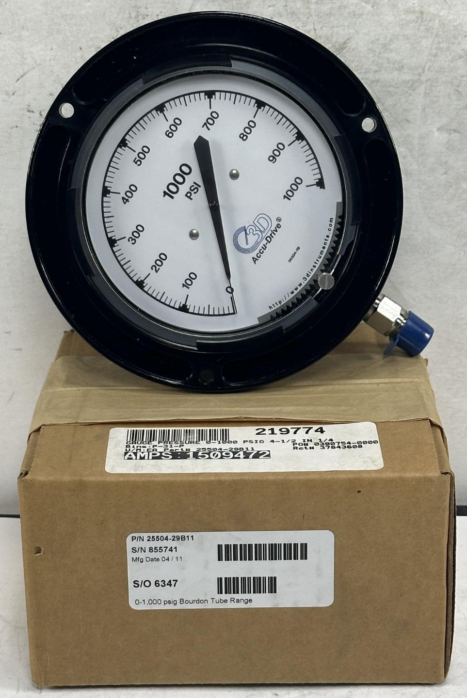 3D Instruments 25504-29B11, Accu-drive Pressure Gauge, 0-1000 PSI, 4-1/ ...