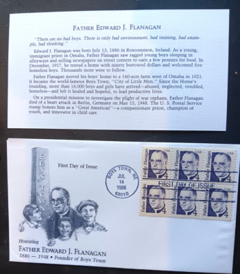 FATHER FLANAGAN FOUNDER OF BOYS TOWN NEBRASKA 1986 UNKNOWN CACHET FDC ...