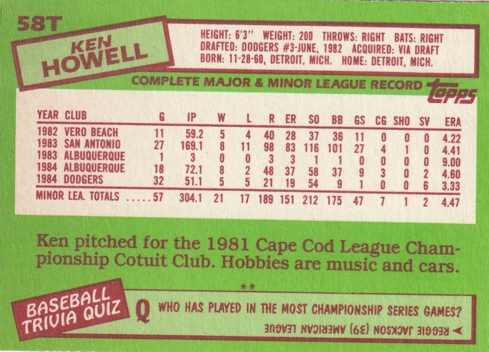 FREE SHIPPING-MINT-1985 Topps Tiffany Traded # 58T Ken Howell DODGERS ...