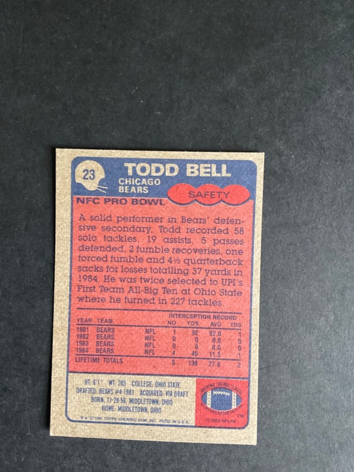 Todd Bell 1985 Topps Rookie Football Card #23 Chicago Bears All Pro ...
