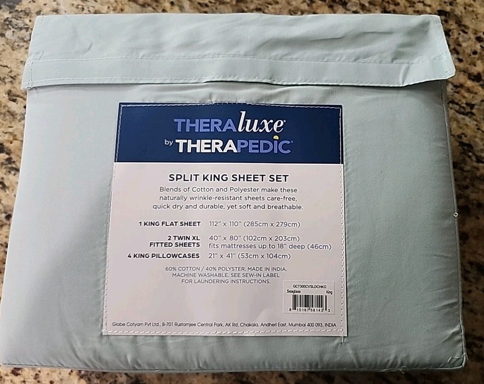 TheraLuxe - Split King Cooling Sheet Set 7pc Blue 300TC Therapedic ...