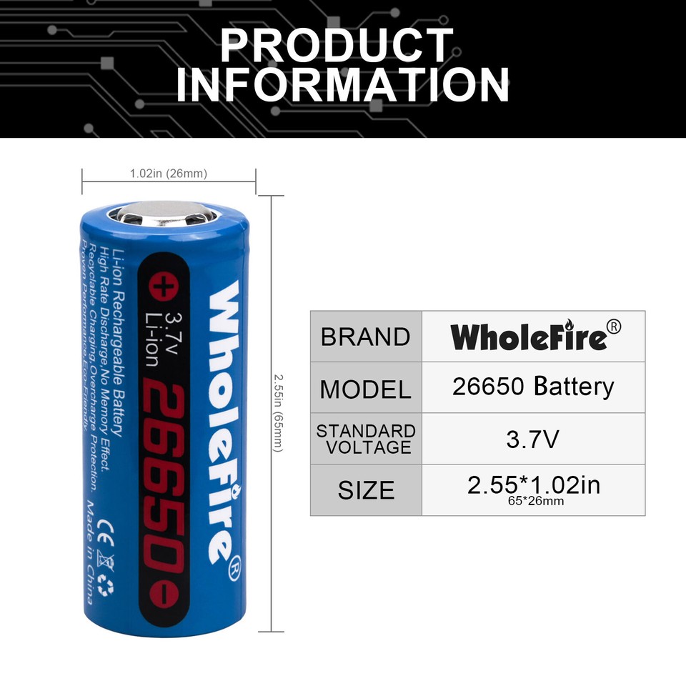 LOT 26650 Battery Flat Top Li-ion 3.7V Rechargeable Batteries for LED ...