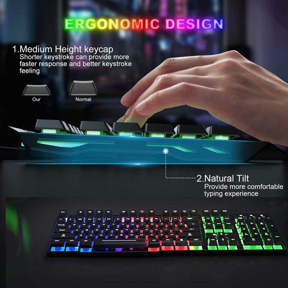 Wireless Gaming Keyboard and Mouse Rainbow LED 87 Key for PC MAC Laptop ...