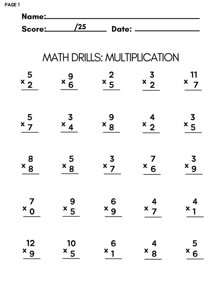 15 Printable Multiplication Worksheets, PDF only - (1-12) | eBay