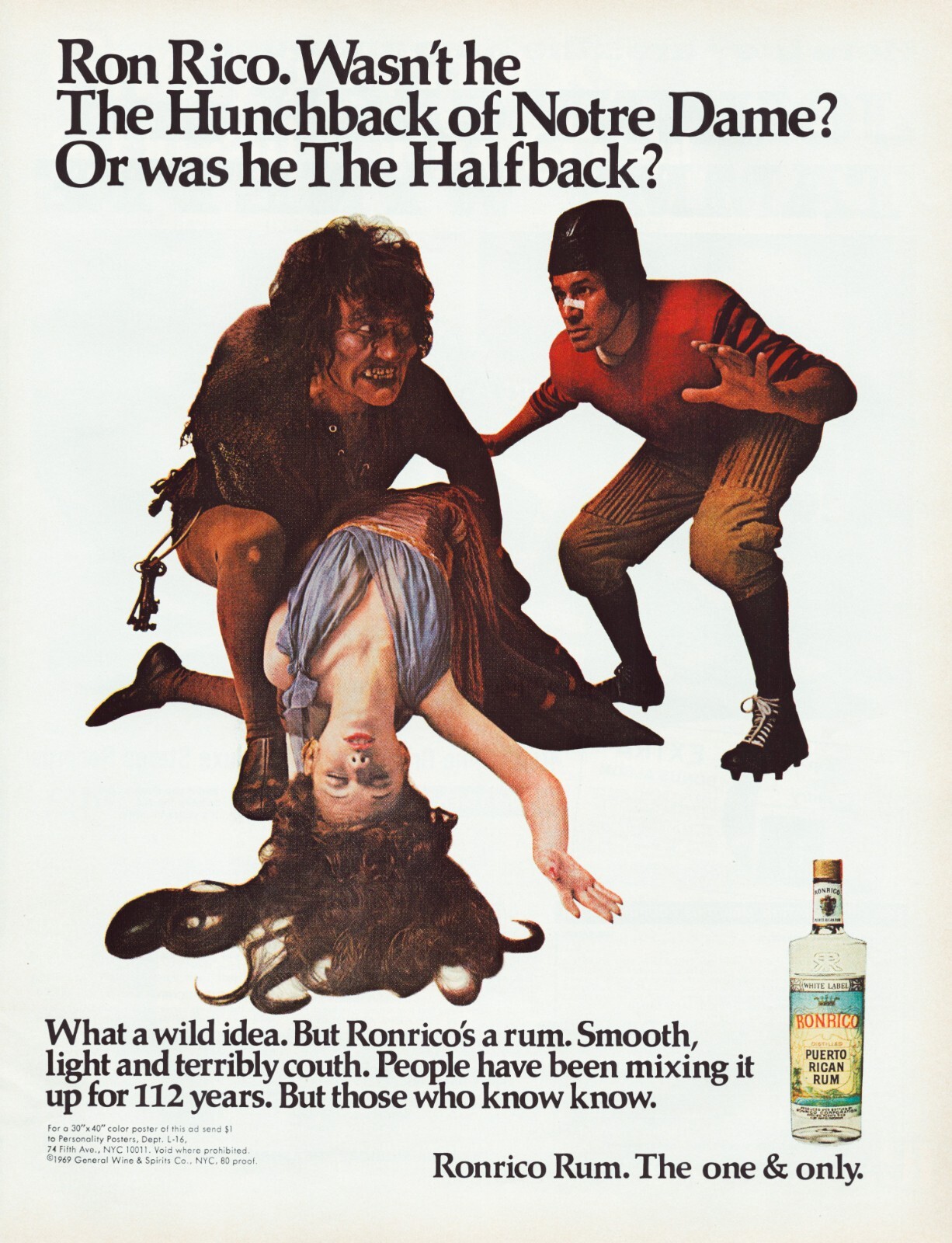 Print Ad Ron Rico Rum 1969 Hunchback Football Full Page Magazine 10.5 ...
