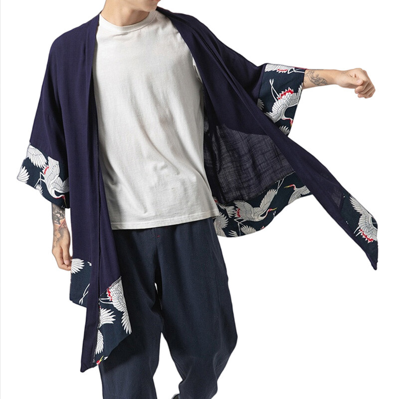 Men Linen Blend Haori Cardigan Kimono Yukata Robe Happi Coat Shirt Tee ...