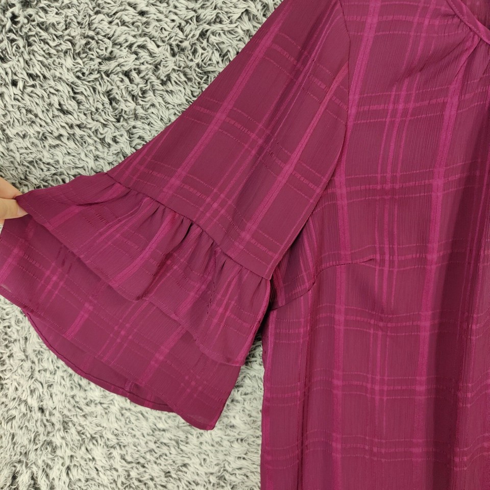 Roz & Ali Romantic Dreamy Plaid Ruffle Bell Sleeve Top Burgundy Women ...