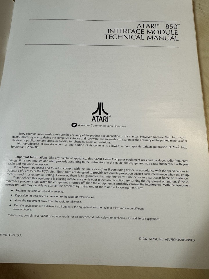 850 Interface Module Technical Manual; Atari 400/800/XL/XE Manual ONLY ...