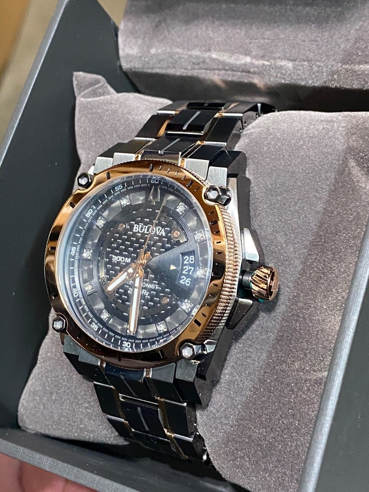 Bulova Precisionist Quartz Diamond Accent 2-Tone Black 46mm Watch ...
