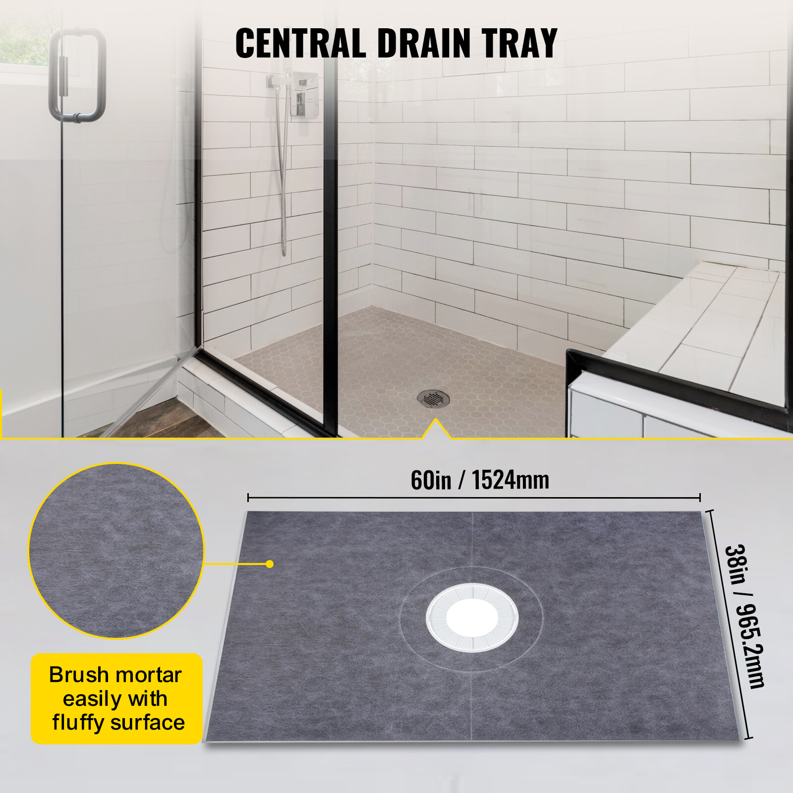 VEVOR Shower Curb Kit 38"x60" Central Drain Tray & Drainage & 2 ...