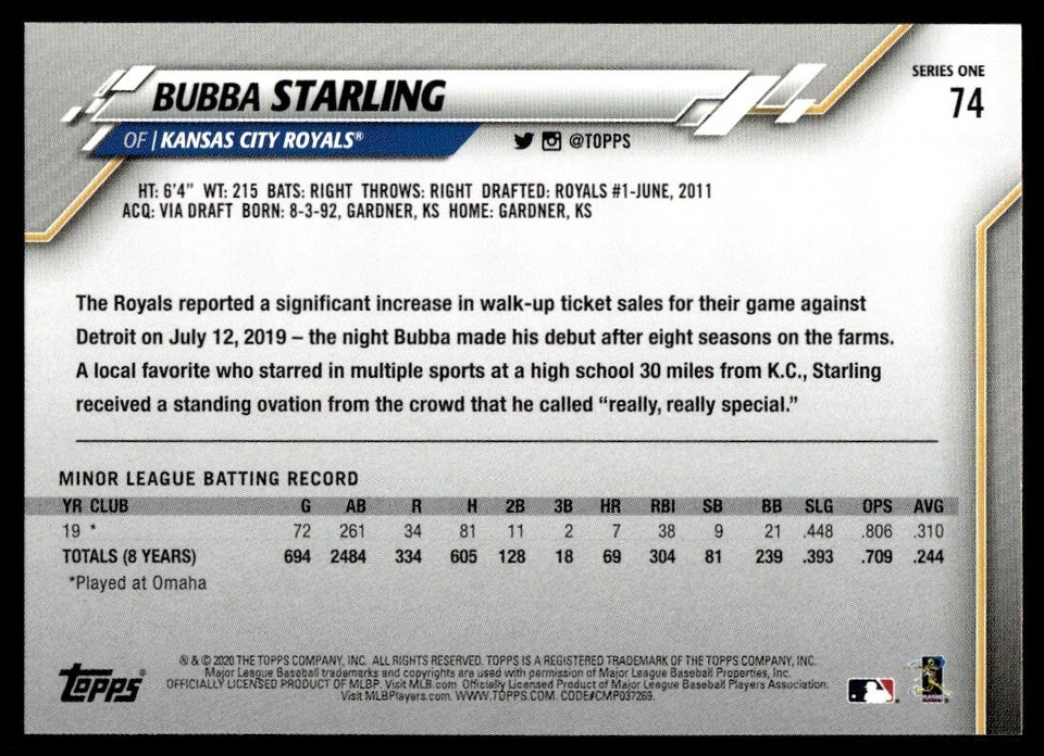 2020 Topps Bubba Starling Rookie Kansas City Royals #74 | eBay