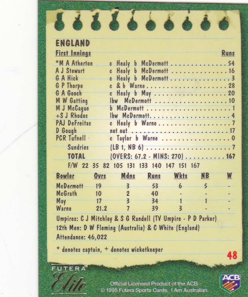 ACB 1994/95 FUTERA ELITE ASHES HEROES SCORECARD - 1ST TEST CARD 48/60 ...