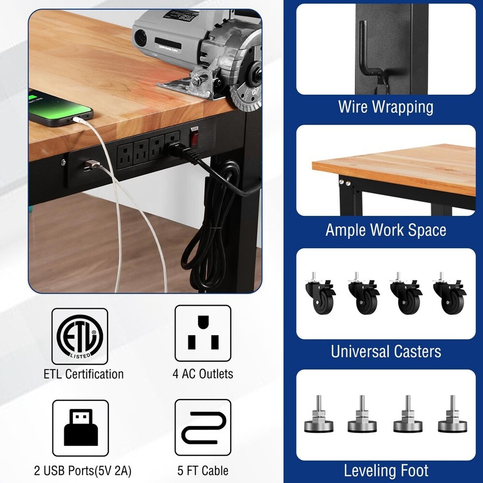 WORKPRO 48"X22" Adjustable Workbench with Leveling Foot & Wheels Rubber ...