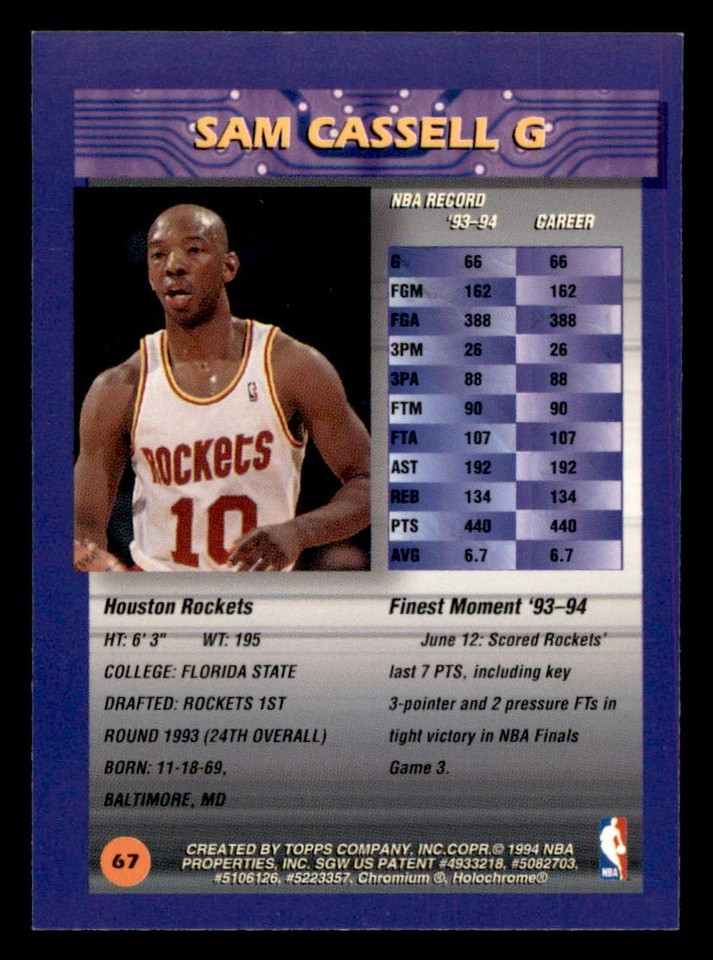 1994-95 Finest #67 Sam Cassell Houston Rockets | eBay