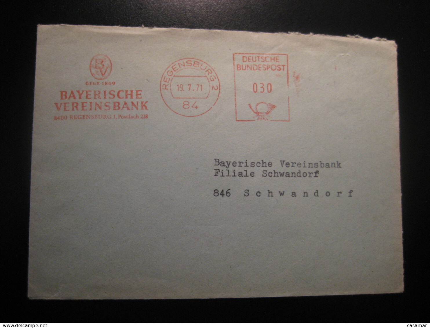 Regensburg 1971 To Schwandorf Bayerische Vereinsbank Meter Mail Cancel ...