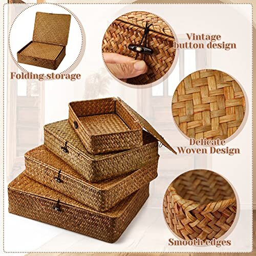 Set Of 4 Seagrass Basket With Lid Wicker Storage Basket Decorative ...