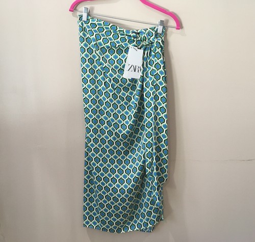 Zara Women XS Green Geometric Print Knot Tie Satin Pareo Midi Skirt ...