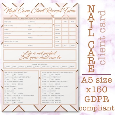 Nail Care Client Record Card Form PREMIUM Treatment Consultation A5 ...