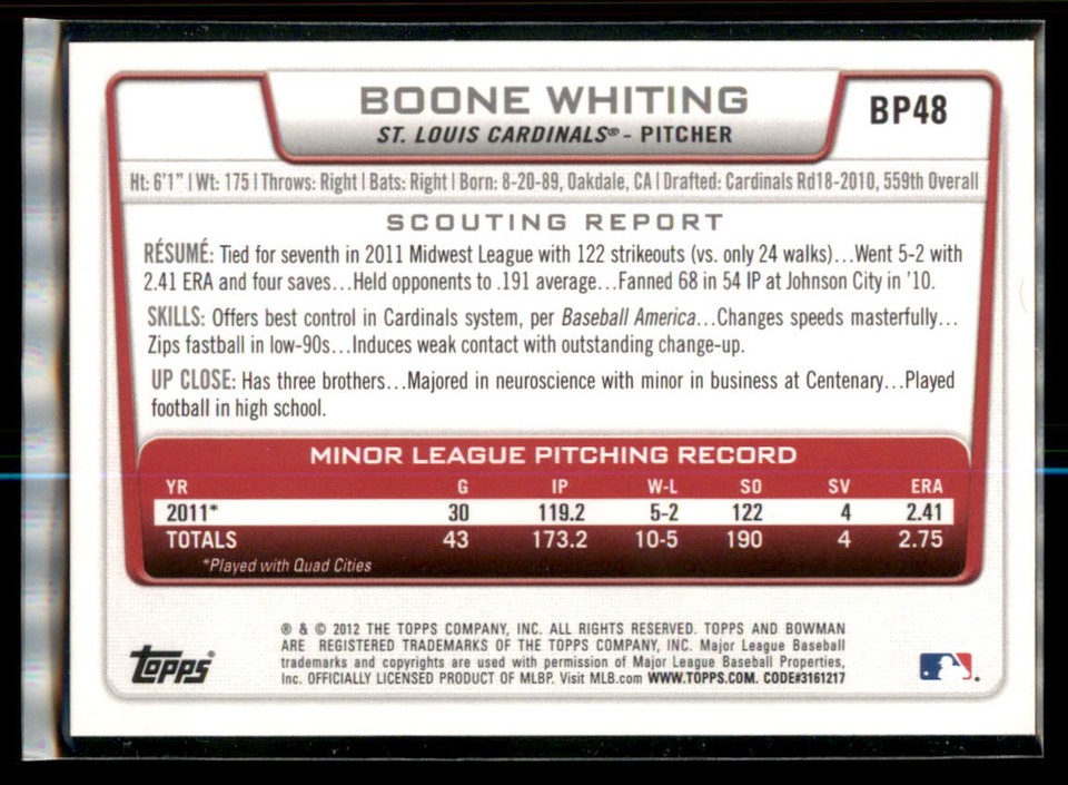2012 Bowman Prospects Boone Whiting #BP48 St. Louis Cardinals | eBay