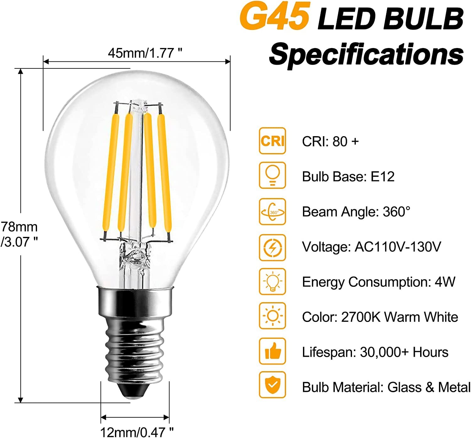 E12 E26 LED Light Bulbs G14 G45 Dimmable Globe Chandelier Bulb Warm ...