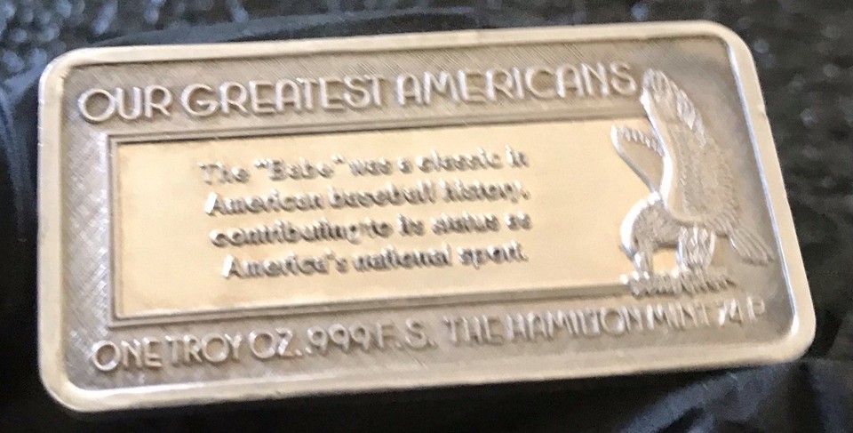 BABE RUTH, 1oz. .999 SILVER ART BAR, OUR GREATEST AMERICANS, HAMILTON ...