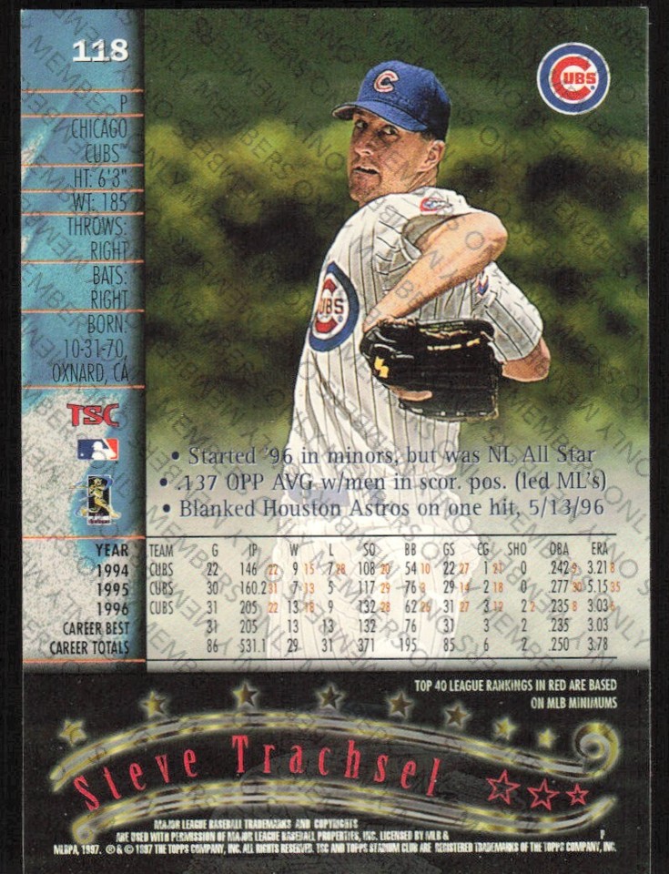 1997 Topps Stadium Club Members Only Steve Trachsel #118 Chicago Cubs ...
