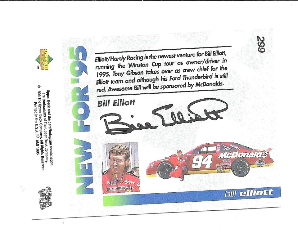 1995 Upper Deck Bill Elliott Car 299 Racing Trading Card Vintage | eBay