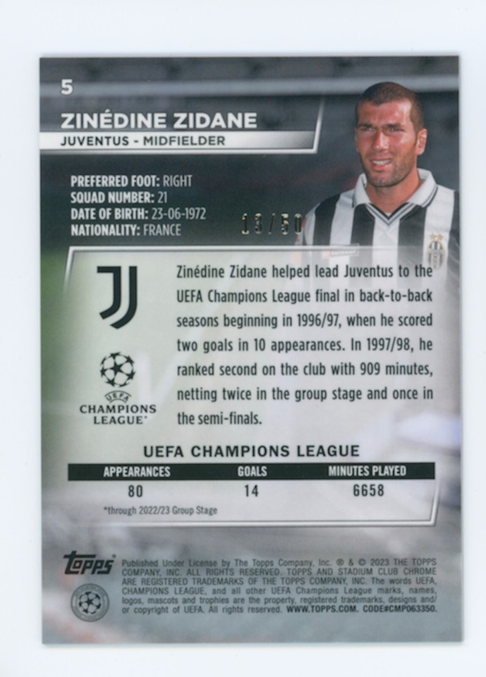 2022-23 Zinedine Zidane Topps Stadium Club Chrome Gold Prism Refractor ...