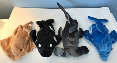 Four sea creature Dream hand puppets dolphin orca stingray hammerhead ...
