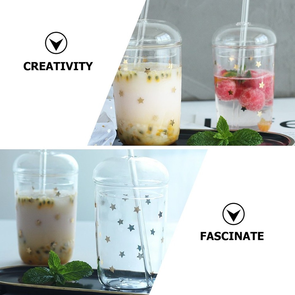 Milk Tea Glass Cups for Kitchen Beverage Bottle Clear Coffee with Straw ...