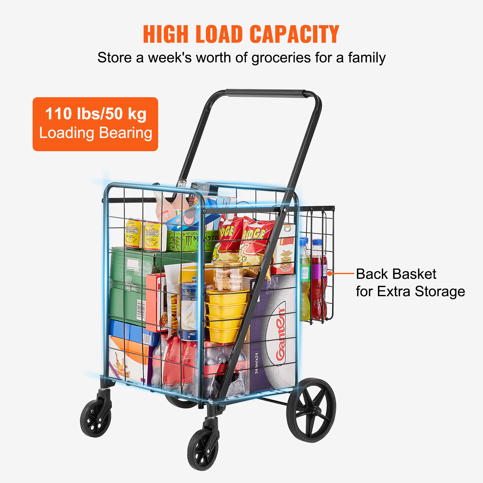 VEVOR Folding Shopping Cart Rolling Grocery Cart with Double Baskets ...