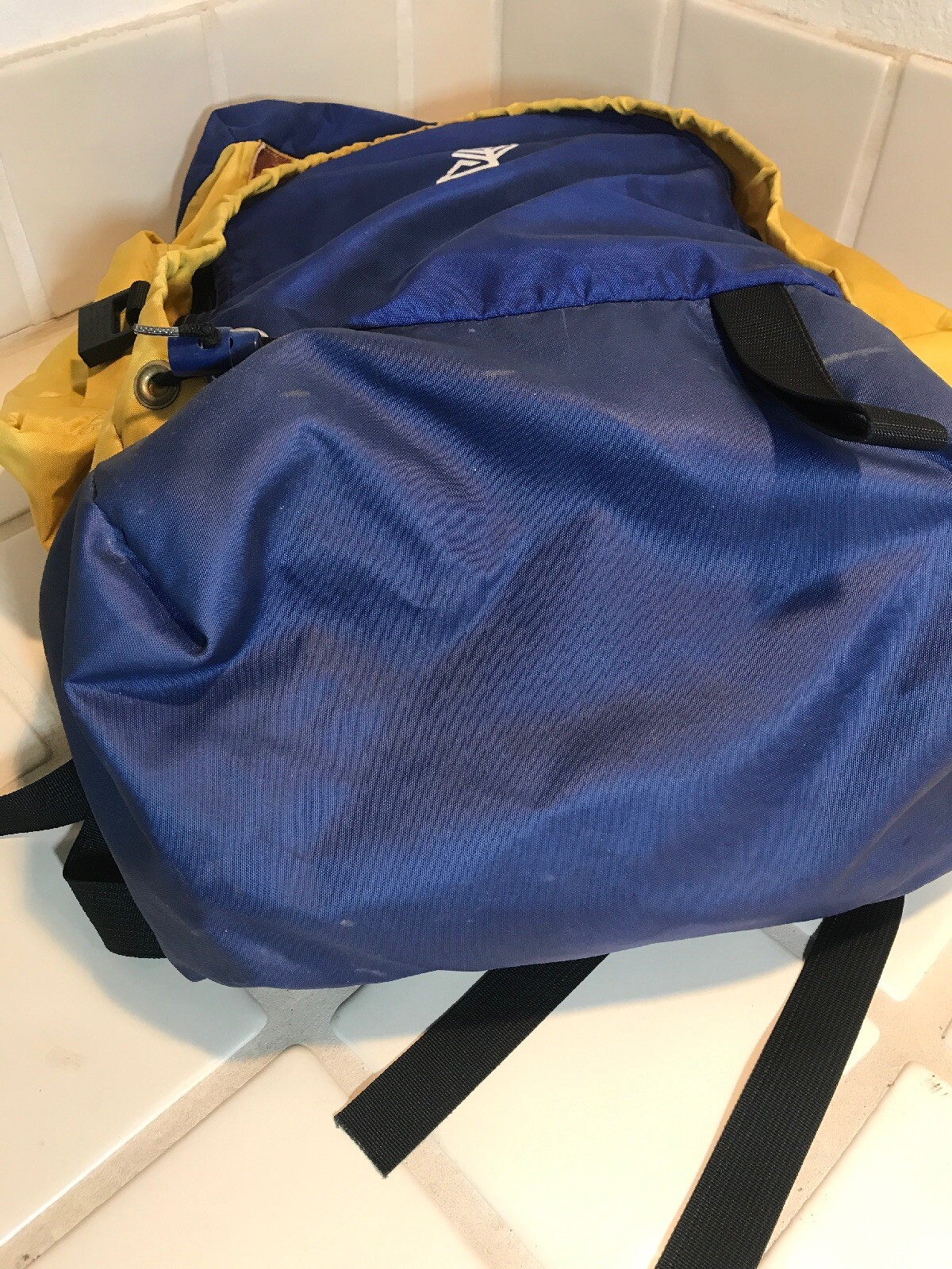 Vintage Hillary Day Pack Backpack Blue Yellow Leather Fittings Hiking ...