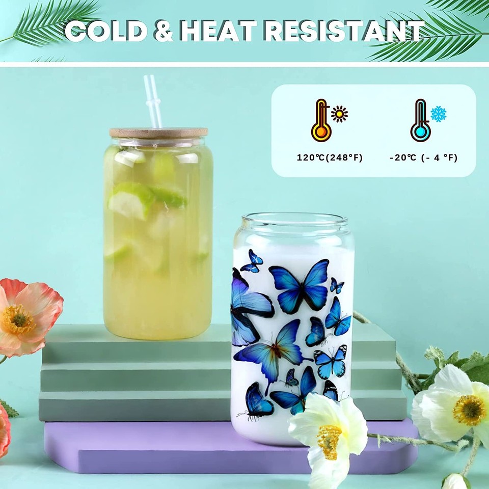 8 Pack Clear Sublimation Glass Cups 16oz Glass Mugs With Bamboo Lid ...