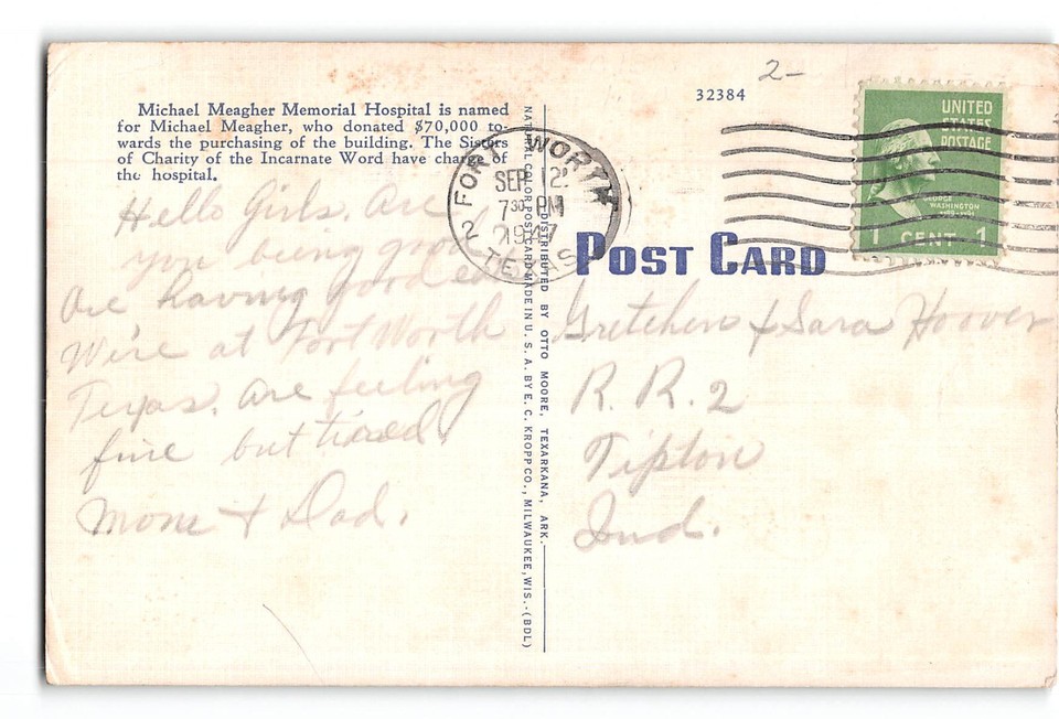 Texarkana Arkansas AR Damaged Postcard 1947 Michael Meagher Memorial ...