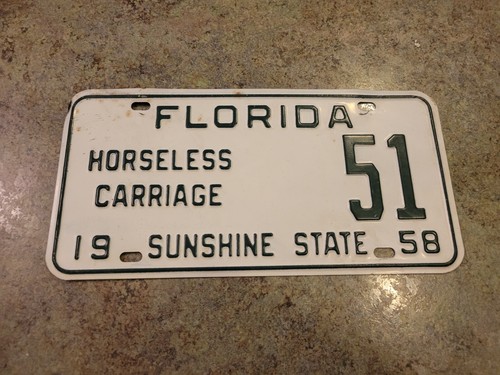 1958 Florida Sunshine State 51 Horseless Carriage Metal Auto License ...