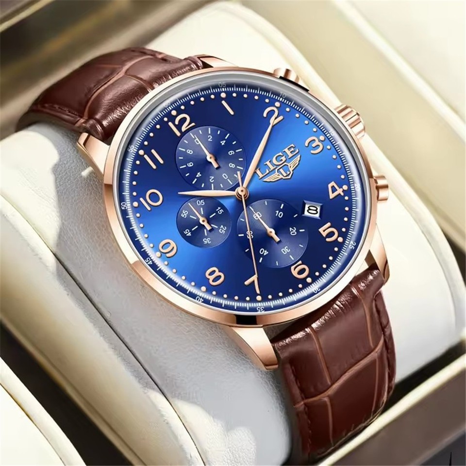 LIGE Men Watch Chronograph Leather Date Wristwatch Business Male Quartz ...