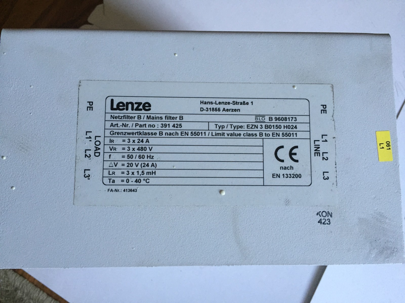 LENZE EZN 3 B0150 H024,391 425,EN 133200,D-31855 AERZEN MAIN FILTER,AP ...