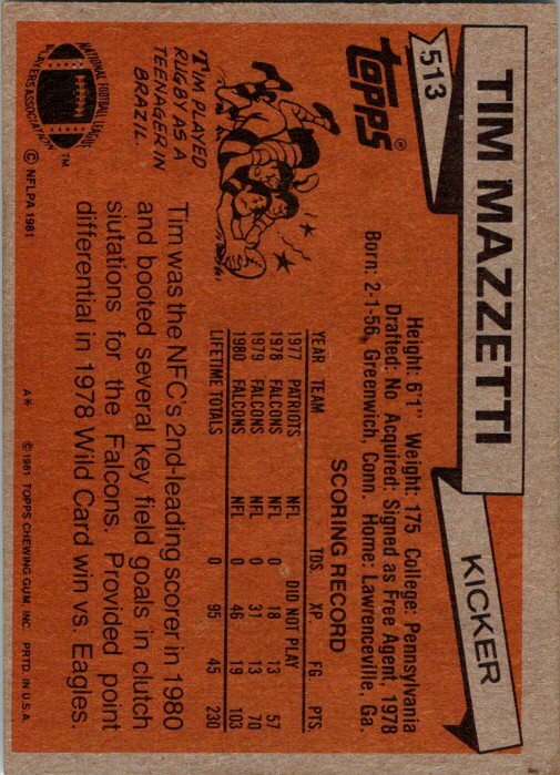 1981 Topps #513 Tim Mazzetti Football card 2z | eBay